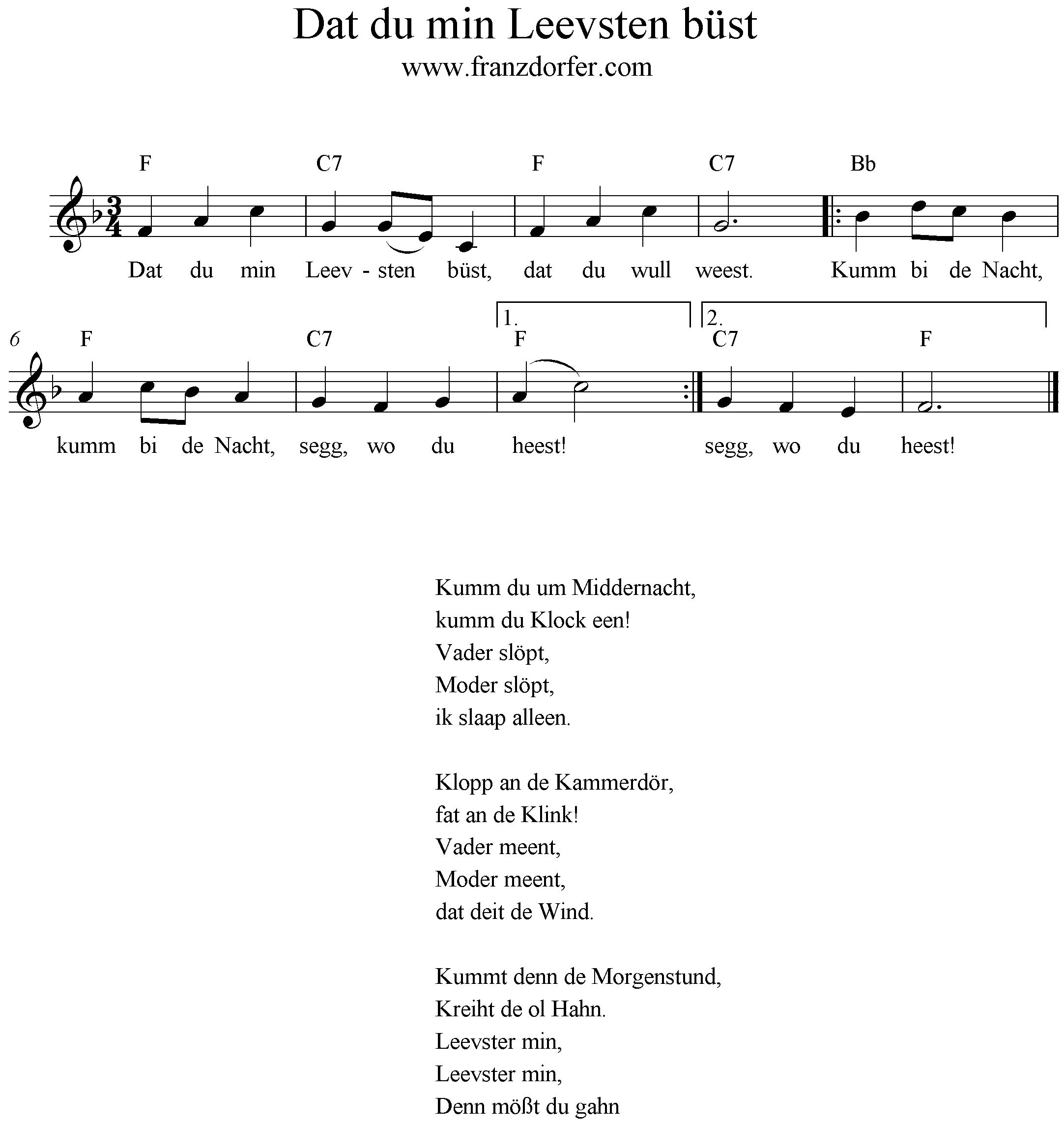 Du min leevsten büst lied, Dat du min Leevsten büst